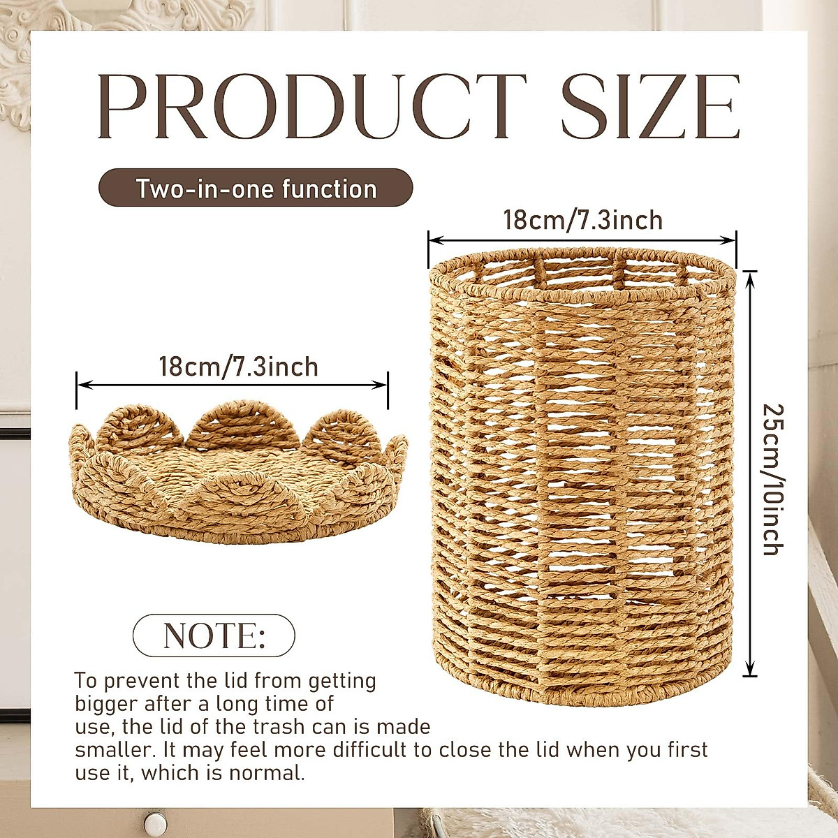 Small Wicker Trash Can 1.3 Gallons Woven Wicker Waste Basket for Bathroom with Lid Handle Boho Wicker Trash Basket with 100 Plastic Garbage Bags for Bedroom Office Laundry Storage(Scalloped Style)