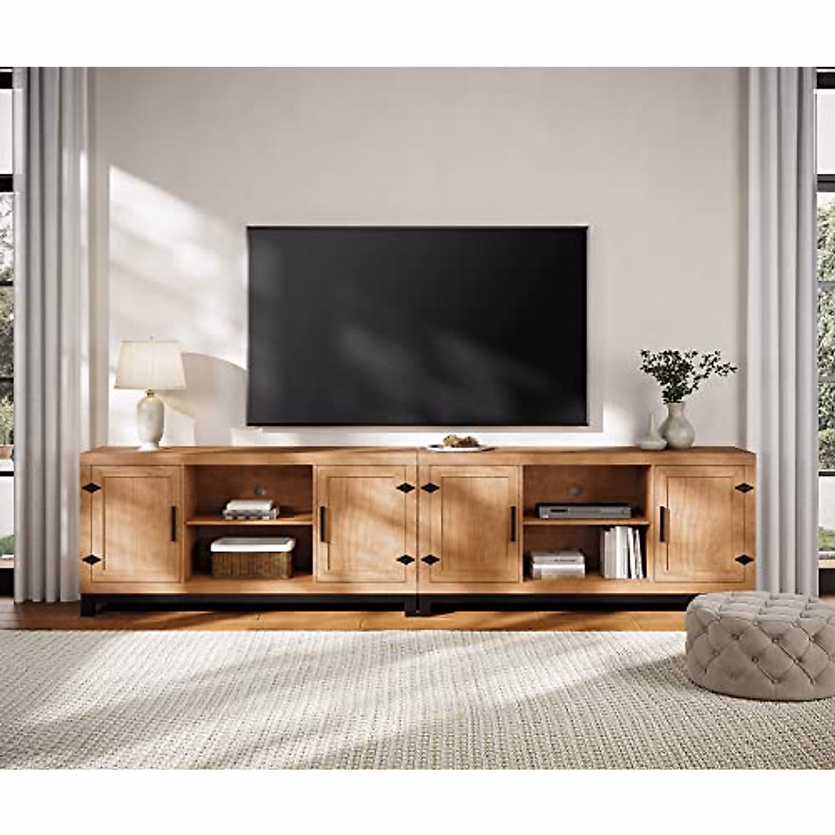 Modern Farmhouse Barn Door TV Stand for 100 inch TV Entertainment Center, Wood TV Media Console Table Cabinet for 80 85 90 with Adjustable Shelf and Metal Legs for Living Room Bedroom, Oak