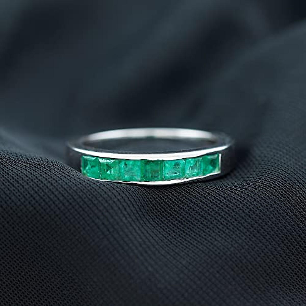 Rosec Jewels Certified Lab Grown Emerald Wedding Band, AAAA Quality, Princess Cut Emerald Anniversary Ring - Ready to Gift, 14K White Gold, Size:US 9.00