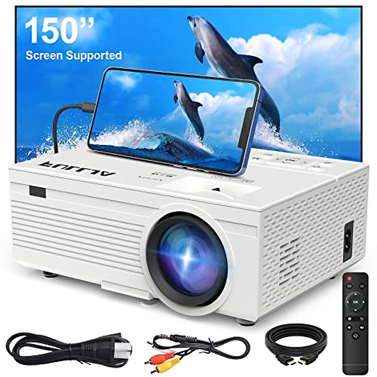 Video Projector for Phone Outdoor Projector 2022 Upgrade-8500Lumens - Mini Projector HD 1080P 150" Screen 55000 Hours Small Movie Projector Compatible with iPhone Laptop HDMI PS4 TV Stick VGA USB AV