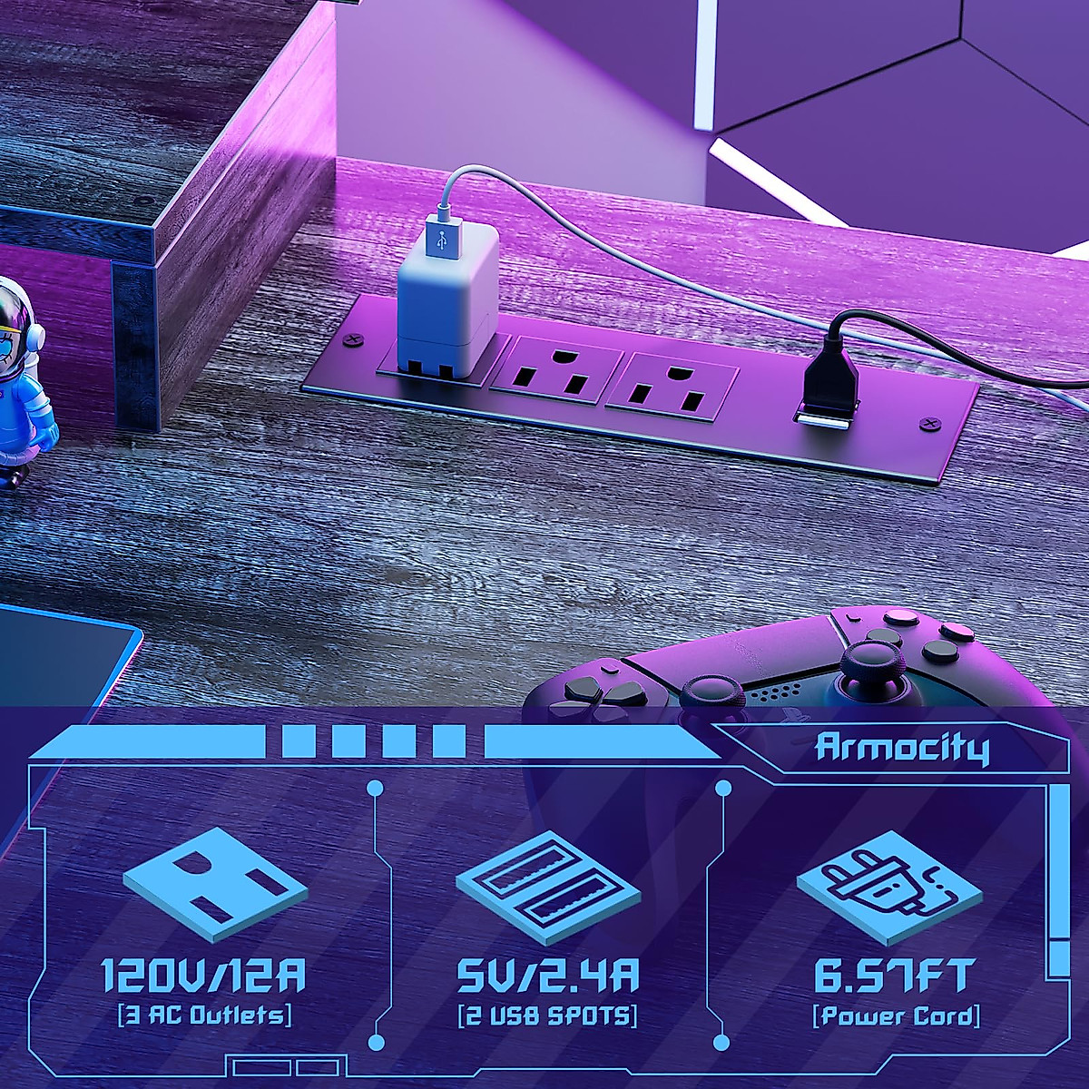 armocity 55'' Gaming Desk with Hutch and LED Lights, Gaming Computer Desk with Storage Shelves & Z-Shaped Legs, Reversible PC Gaming Desk with Pegboard, Ergonomic Desk for Bedroom, Grey Oak