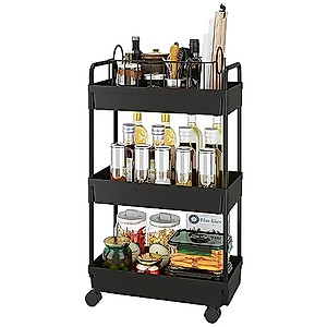 Buzowruil Rolling Storage Cart 3 Tier Organizer Mobile Shelving Unit Storage Rolling Utility Cart with Wheels for Kitchen Bathroom Laundry,Black