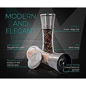 Salt and Pepper Grinder Set Of 2 - Adjustable Ceramic Coarseness, Stainless Steel, Glass Refillable Salt and Pepper Shakers & Mills For Spice, Black Peppercorn, Salt W/Wooden Spoon & Cleaning Brush