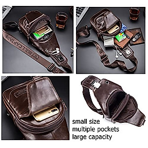 BULLCAPTAIN Genuine Leather Sling Chest Bag Multi-pockets Men Crossbody Bag Travel Casual Small Shoulder Backpack (Dark brown)