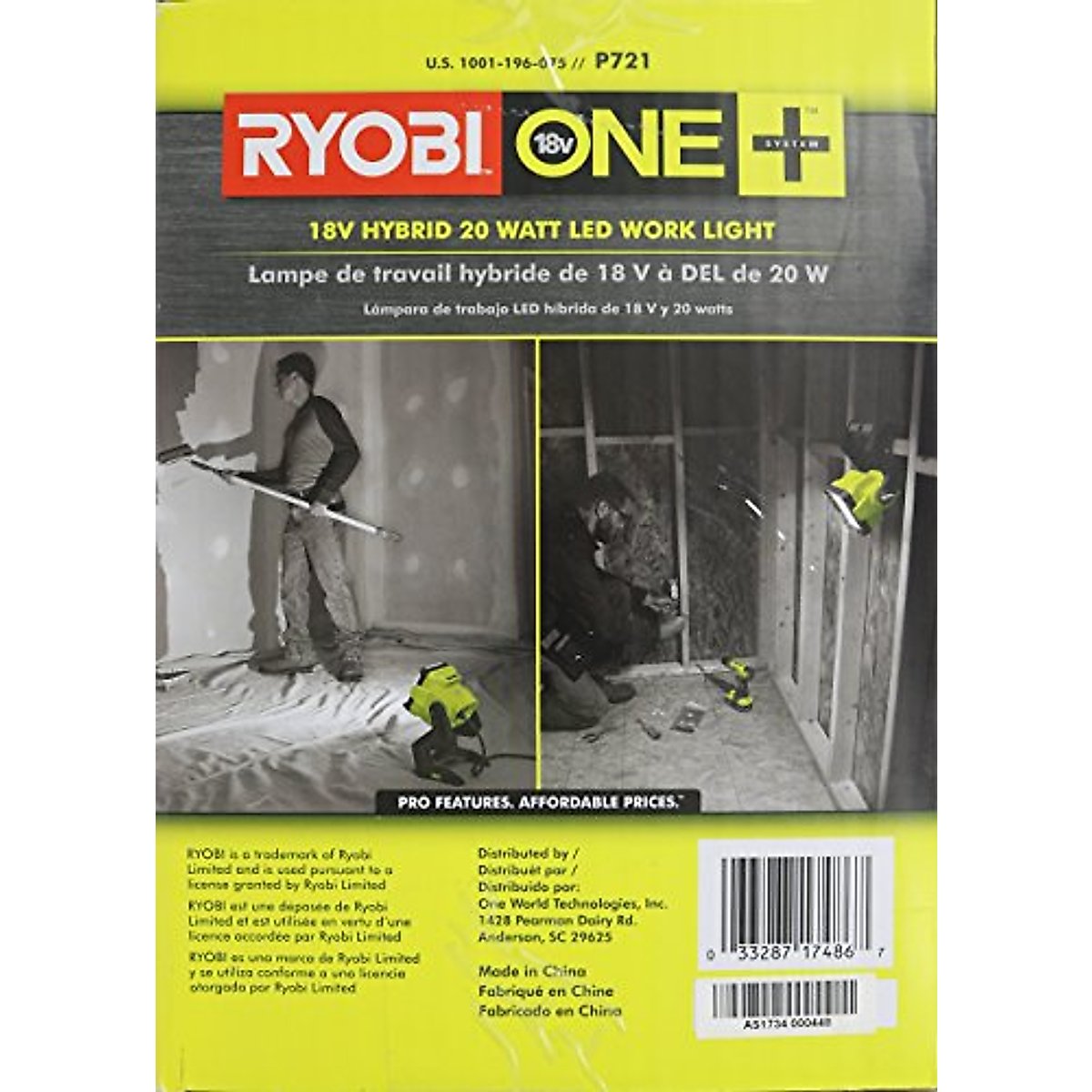 Ryobi P721 One+ 1,800 Lumen 18V Hybrid AC and Lithium Ion Powered Flat Standing LED Work Light with Onboard Mounting Options (Battery and Extension Cord Not Included, Light Only)