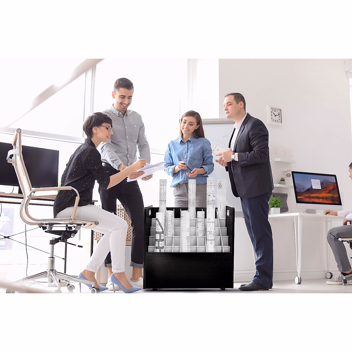 Adir Mobile Blueprint Roll File Holder - Mobile Roll File Organizer Cart for Home Office or School. 50 Slots Blueprint File Holder with Wheels for Maps, Plans, Posters