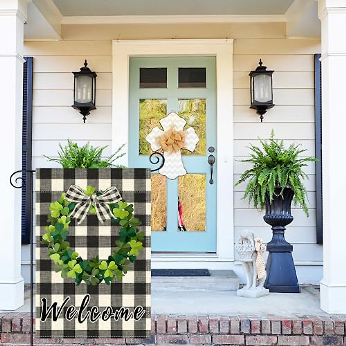 BEZKS St Patricks Day Small Garden Flag 12.5 x 18 Inch, Best Choice Bow Shamrock Wreath Welcome Double Sided Decorative Flag For Outside Yard Lawn Decoration (JS01)