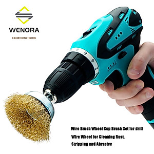 WENORA Brass Wire Brush for Drill Set 9 Pack, Brass Wire Wheel for Drill 1/4 Inch Hex Shank, Wire Cup Brush for Drill ,Coarse Brass Coated Crimped Wire Brush Drill Attachments