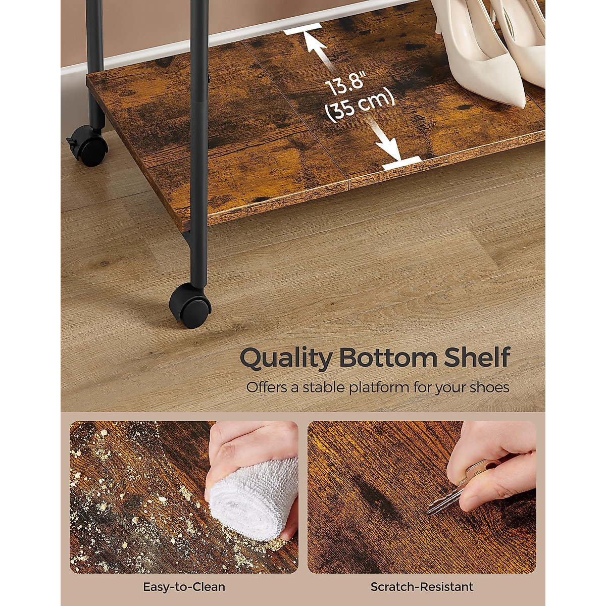 SONGMICS Clothes Rack with Wheels, Double-Rod Clothing Rack for Hanging Clothes, 38.8 Inches Garment Rack with Shelf, Loads up to 220 lb, for Bedroom, Closet, Rustic Brown and Ink Black UHSR152B01