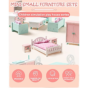 Wooden Dollhouse Furniture Set for Kids Colorful Pretend Play Toys with Wood Miniature Dining Room Doll House Accessories for Girls Boys Role Play Birthday Children's Day (PTD01)