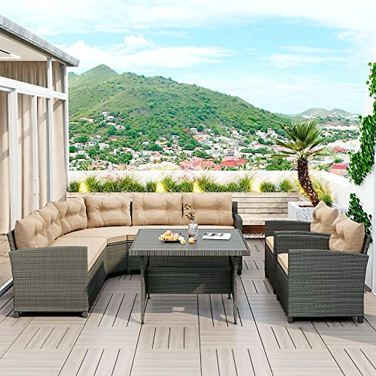 Outdoor Patio Furniture Conversation Sets Dinning Set, with Plywood Table, 6 Pieces All-Weather PE Wicker Curved Cushioned Sectional Sofa Set with Pillows (6-Piece + Beige + Plywood Table)