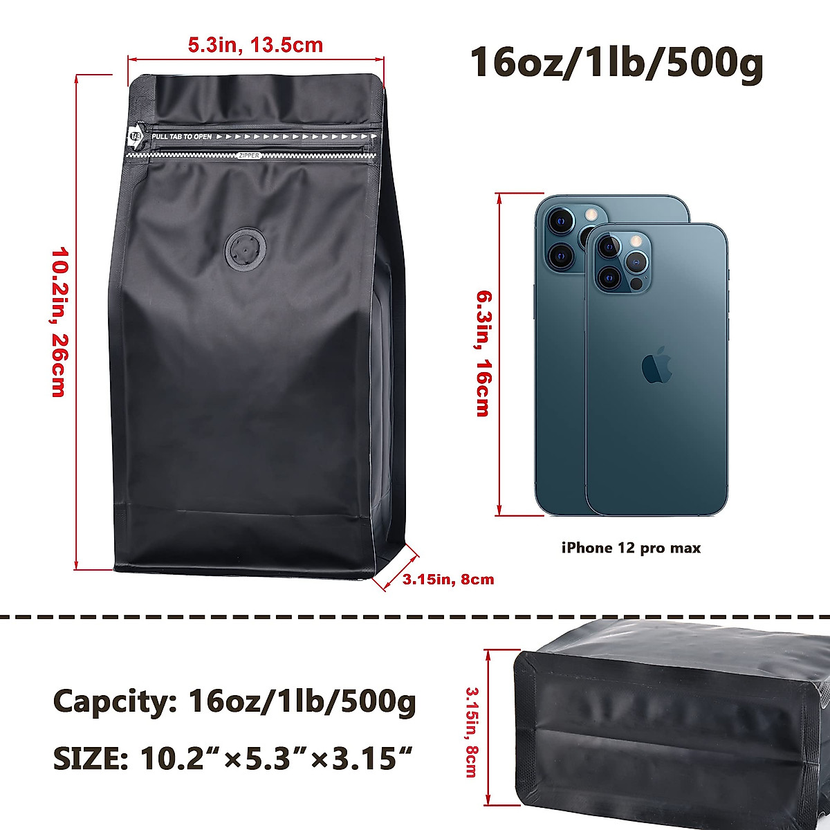 50 Pack Coffee Bags with Aluminum Foil and Degassing Valve, Resealable High Barrier Storage Bags, Odor-Proof for Coffee Beans, Stand Up Coffee Pouch, Flat Bottom (Large-16OZ, Black)