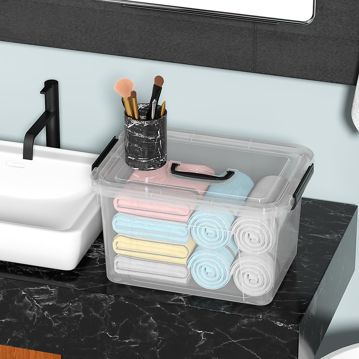 Sosody 20 Quarts Stackable Plastic Storage Latches Box with Lid, Clear Latching Storage Bin with Handle, 4 Packs