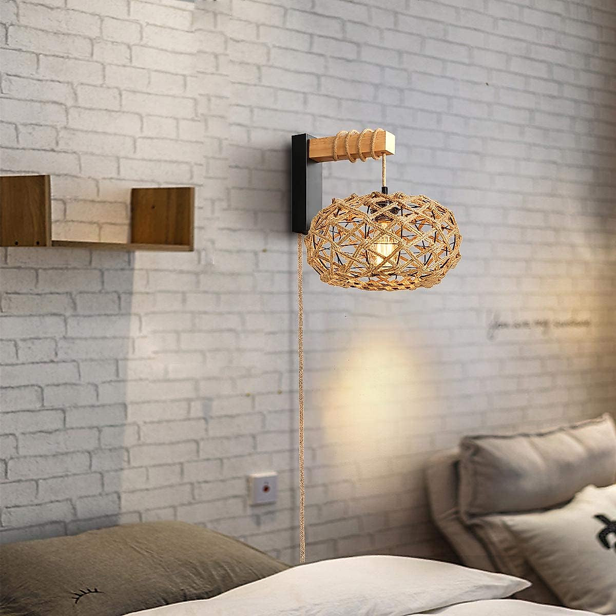 Plug in Wall Sconces Rattan Boho Decor Wall Sconce Light Woven Wicker Wall Lamp with Plug in Cord Dimmable Hanging Lamps That Plug Into Wall Outlet Rustic Wall Lamp Light for Bedroom Living Room