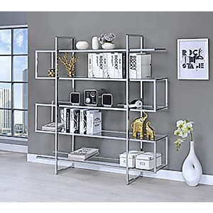 Coaster Furniture Modern Contemporary 5 Shelf Zig Zag Bookcase Etagere Metal Bookshelf Clear Tempered Glass Shelves Chrome 801304