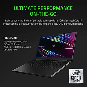 Razer Blade 15 Base Gaming Laptop 2020: Intel Core i7-10750H 6 Core, NVIDIA GeForce RTX 2070 Max-Q, 15.6" FHD 1080p 144Hz, 16GB RAM, 512GB SSD, CNC Aluminum, Chroma RGB Lighting, Thunderbolt 3, Black