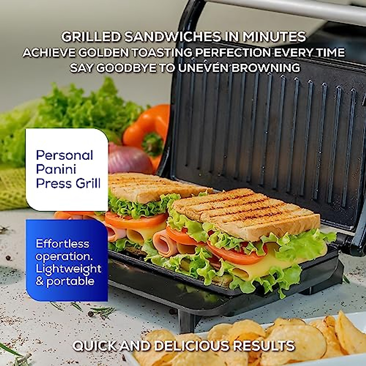 Universal Mini Panini Press 850W, Breakfast Sandwich Maker, Mini Grill, Non-Stick 9"x6" Grids | Fit Food of Up to 2" Thick, Perfect for Grilled Cheese, Panini, Burgers, Sausages, and Vegetables