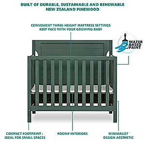 Dream On Me Bellport 4 in 1 Convertible Mini/Portable Crib In Safari Green, Non-Toxic Finish, Made of Sustainable New Zealand Pinewood, With 3 Mattress Height Settings