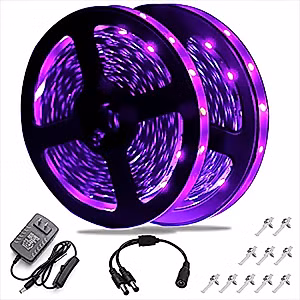 AIMEOKO LED Black Light Strip Kit,32.8ft 600 LEDs 12V Flexible UV Blacklight Fixtures for Indoor Bedroom Decoration,Fluorescent Dance Party,Wedding,Birthday,Halloween,Body Paint,Non-Waterproof