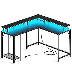 SUPERJARE L Shaped Gaming Desk with Power Outlets & LED Lights and Nightstands Set of 2 with Charging Station & LED Light Strips, Black