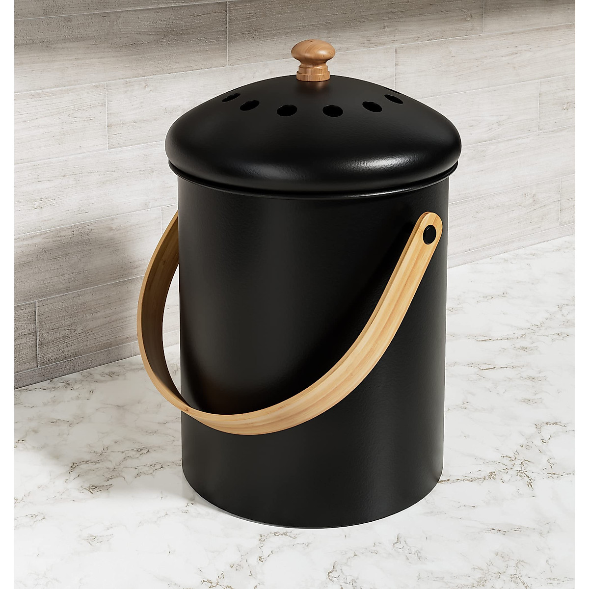 Compost Bin Kitchen Counter - 1.3 Gallon Black Stainless Steel Kitchen Compost Bin with Wood Handles & Charcoal Filters x3 Sets - Countertop Compost Bin with Lid - Large Kitchen Compost Bin Countertop