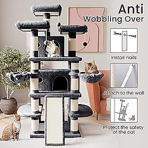 SHA CERLIN 68 Inches Multi-Level Large Cat Tree for Large Cats/Big Cat Tower with Cat Condo/Cozy Plush Cat Perches/Sisal Scratching Posts and Hammocks/Cat Activity Center, Dark Grey