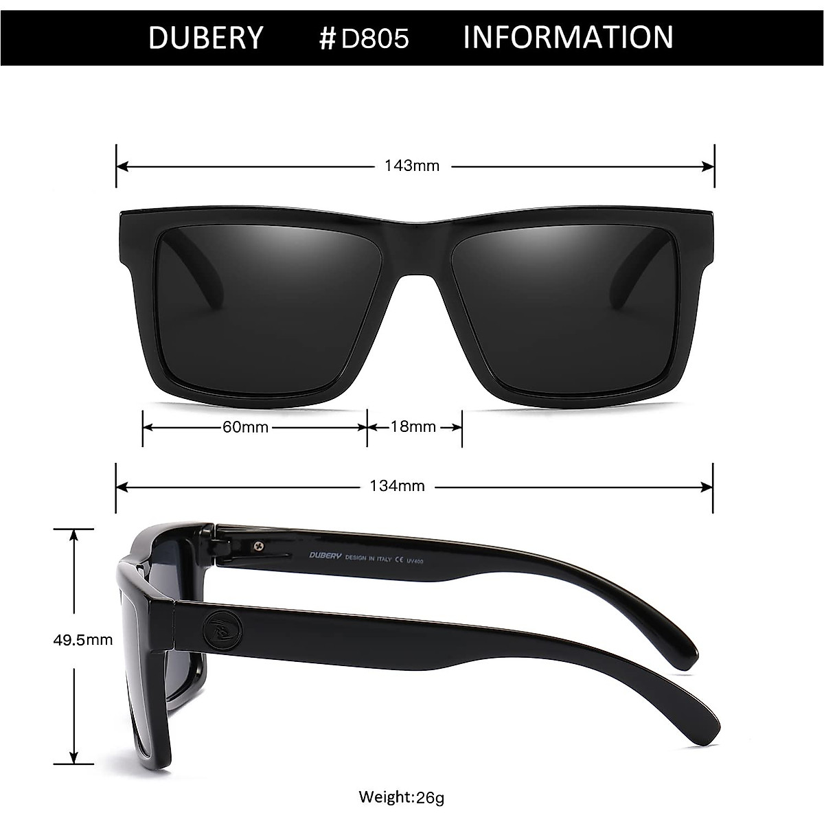 DUBERY Classic Square Polarized Sunglasses for Men/Women UV400 Protection Sun Glasses D805,Black/Black
