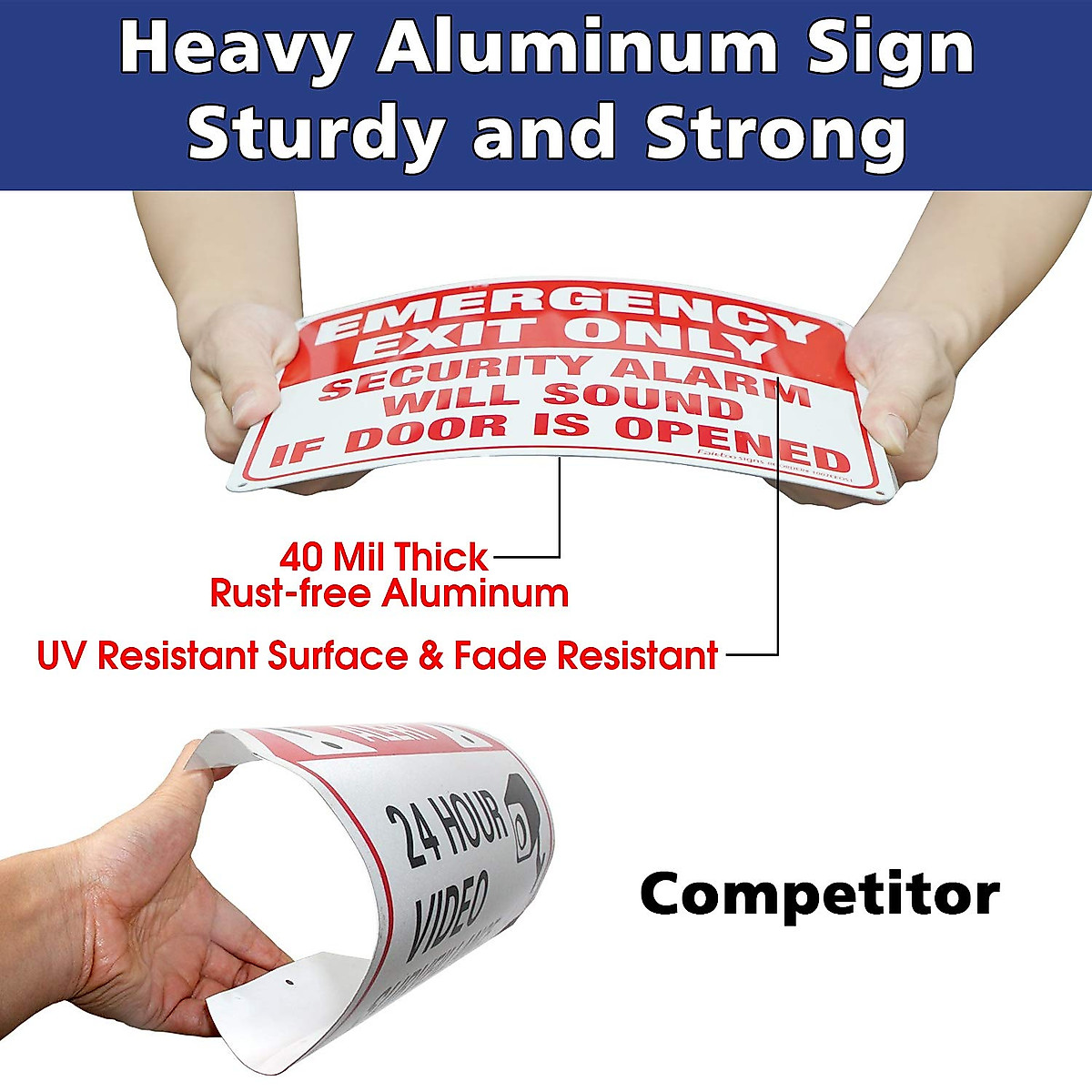 Emergency Exit Only - Security Alarm Will Sound If Door Is Opened Sign, 2 Pack, 10 x 7 inch .40 Rust Free Aluminum, UV Protected, Weather Resistant, Waterproof, Durable Ink, Easy to install