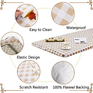 6ft Rectangle Elastic Fitted Tablecloth, Waterproof Spill-Proof Edged Vinyl Table Cover Khaki Checkered Printed with Flannel Baking, Easy to Wipe Off Stains, Great for Picnic Party Outdoor Patio