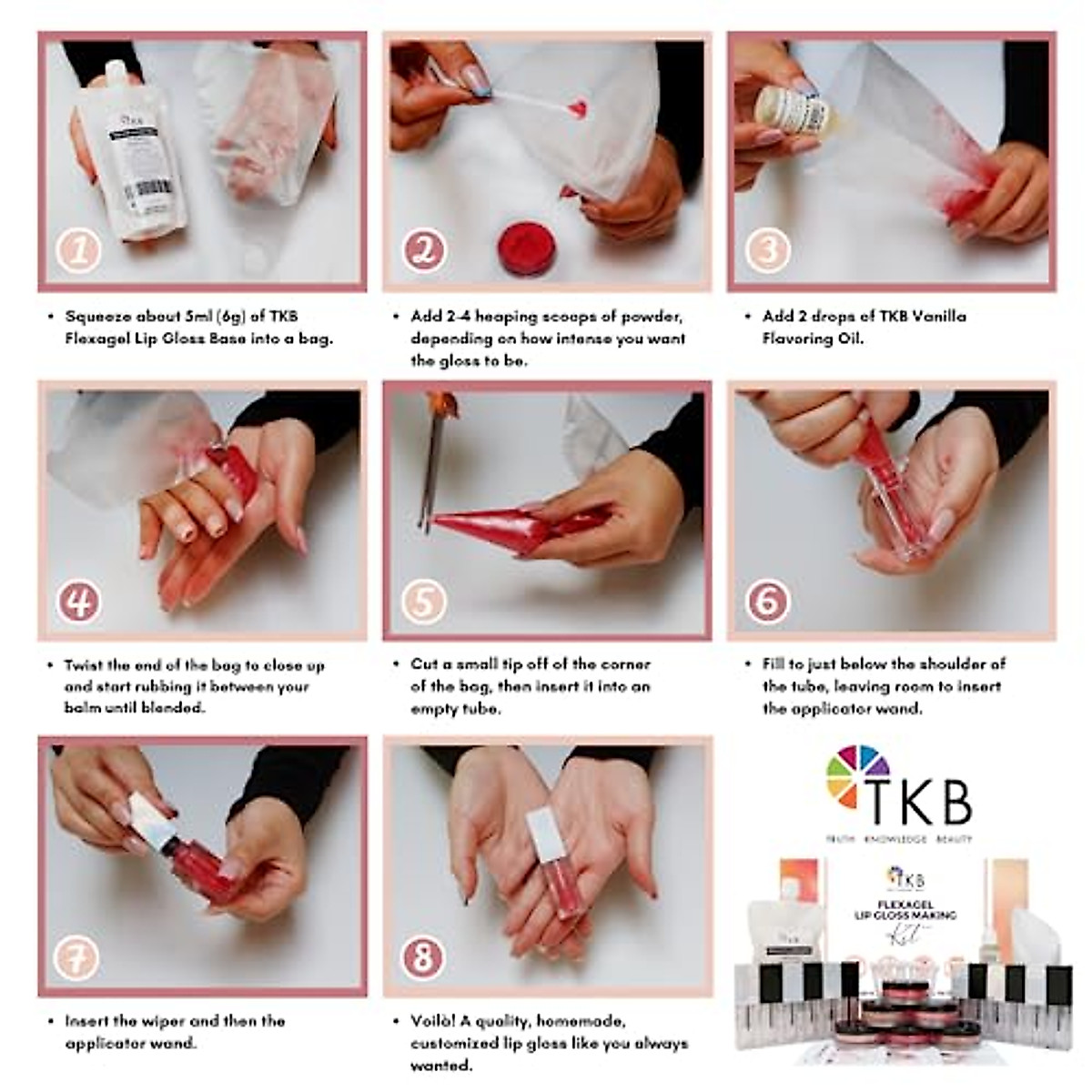TKB Flexagel DIY Lip Gloss Making Kit| Make Your Own Lip Gloss| Moisturizing, High Shine, Crystal Clear| Vegan, Gluten and Cruelty free| Made in USA