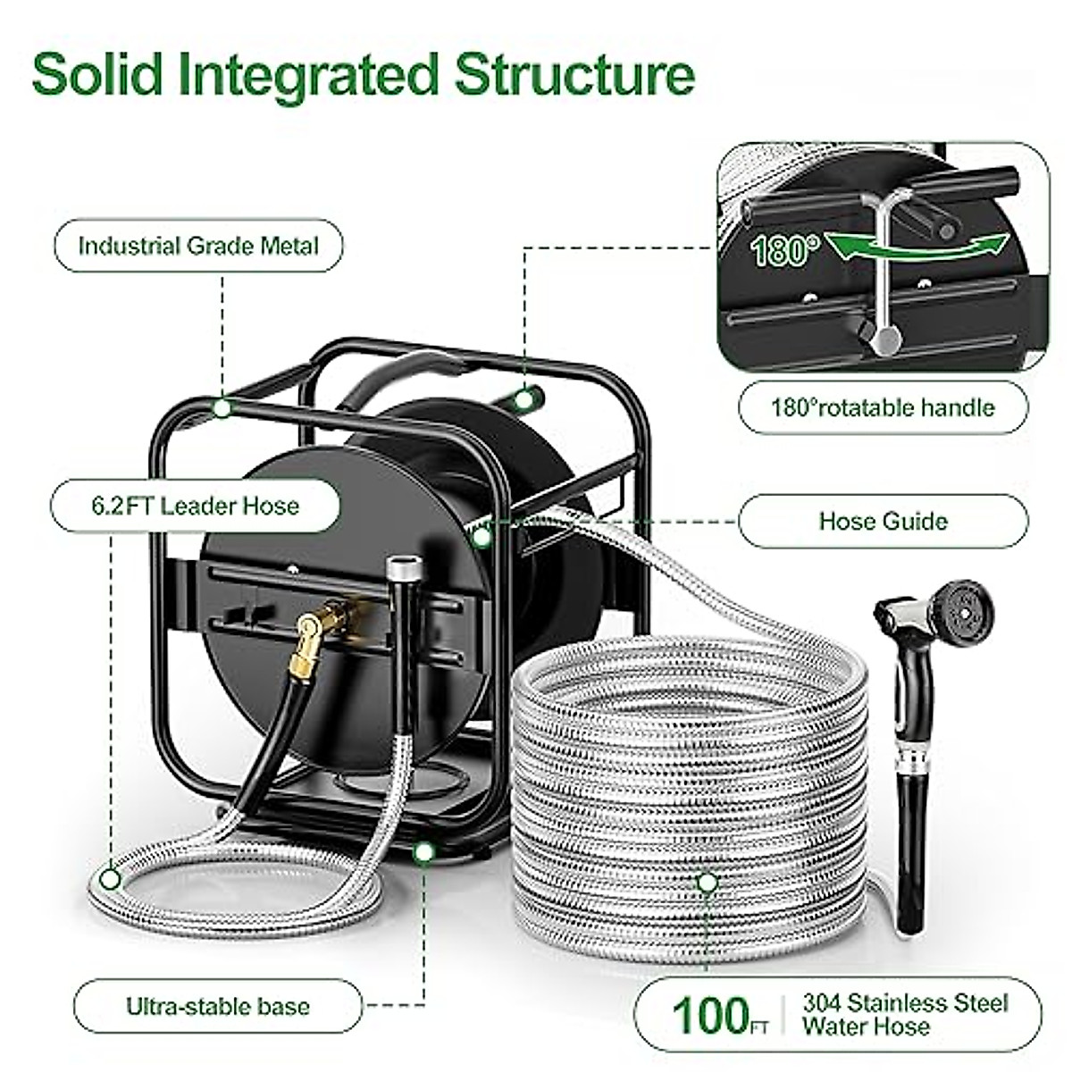 SPECILITE Heavy Duty Metal Garden Hose Reel With 100 Ft 304 Stainless Steel & 9-Pattern Metal Nozzle, 360° Rotation Frame,Wall Mount/Floor Hose Reel,