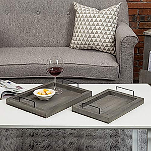 MyGift Rustic Gray Wood Serving Trays with Handles, Rectangular Nesting Coffee Ottoman Decorative Trays, 2 Piece Set