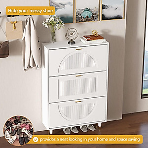 vinform Entryway Shoe Cabinet, Shoe Storage Cabinet with 3 Flip Drawers, Slim Shoe Cabinet for Hallway, Narrow Shoe Storage Cabinet, White Shoe Rack Storage Cabinet(W31.5 x D9.45 x H47.24)