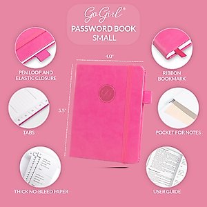 GoGirl Password Book with Alphabetical tabs - Internet Address & Password Keeper Logbook for Password Organization. Journal Notebook for Saving Website Logins Pocket Size 4.0"x5.5", Hot Pink