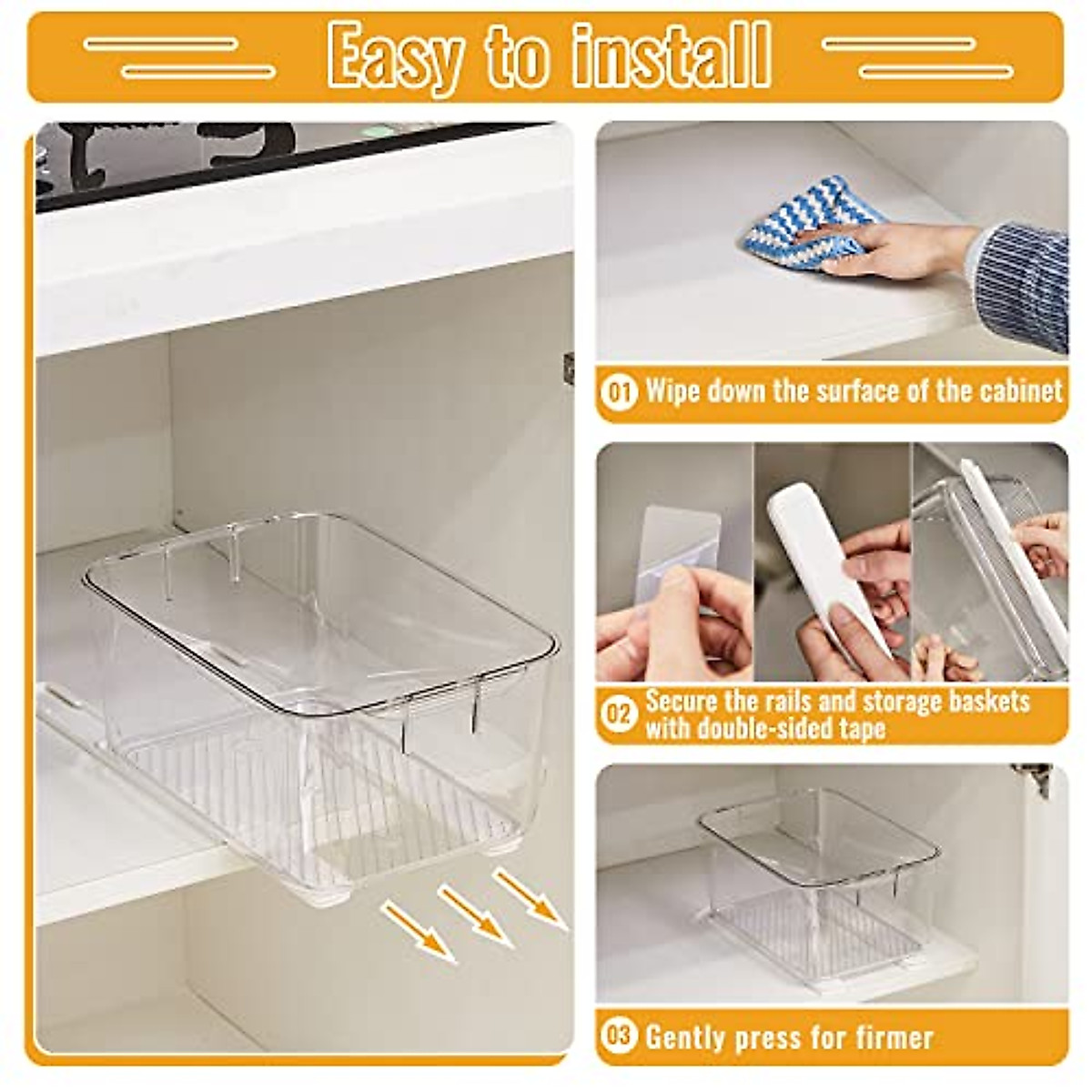 2 Pcs Pull Out Cabinet Organizer Slide out Storage Container No Need Drilling and Nailing Acrylic Drawer Storage Shelves with 4 Pull out Rail for Bathroom Kitchen