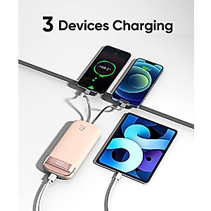 Portable Charger with Built in Cables, 10000mAh USB C iPhone Power Bank, Type C Backup External Battery Pack with 3 Outputs LED Display Compatible with iPhone, Galaxy, Android CellPhones (Pink)