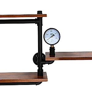 Rocomoco Industrial Pipe Shelving Wine Rack Wall Mounted with 4 Stem Glass Holder 39 Inch Bar Shelf Rustic Metal Floating Wall Bar Shelf 4-Tiers Hanging Liquor Wood Shelves Glass Rack for Kitchen