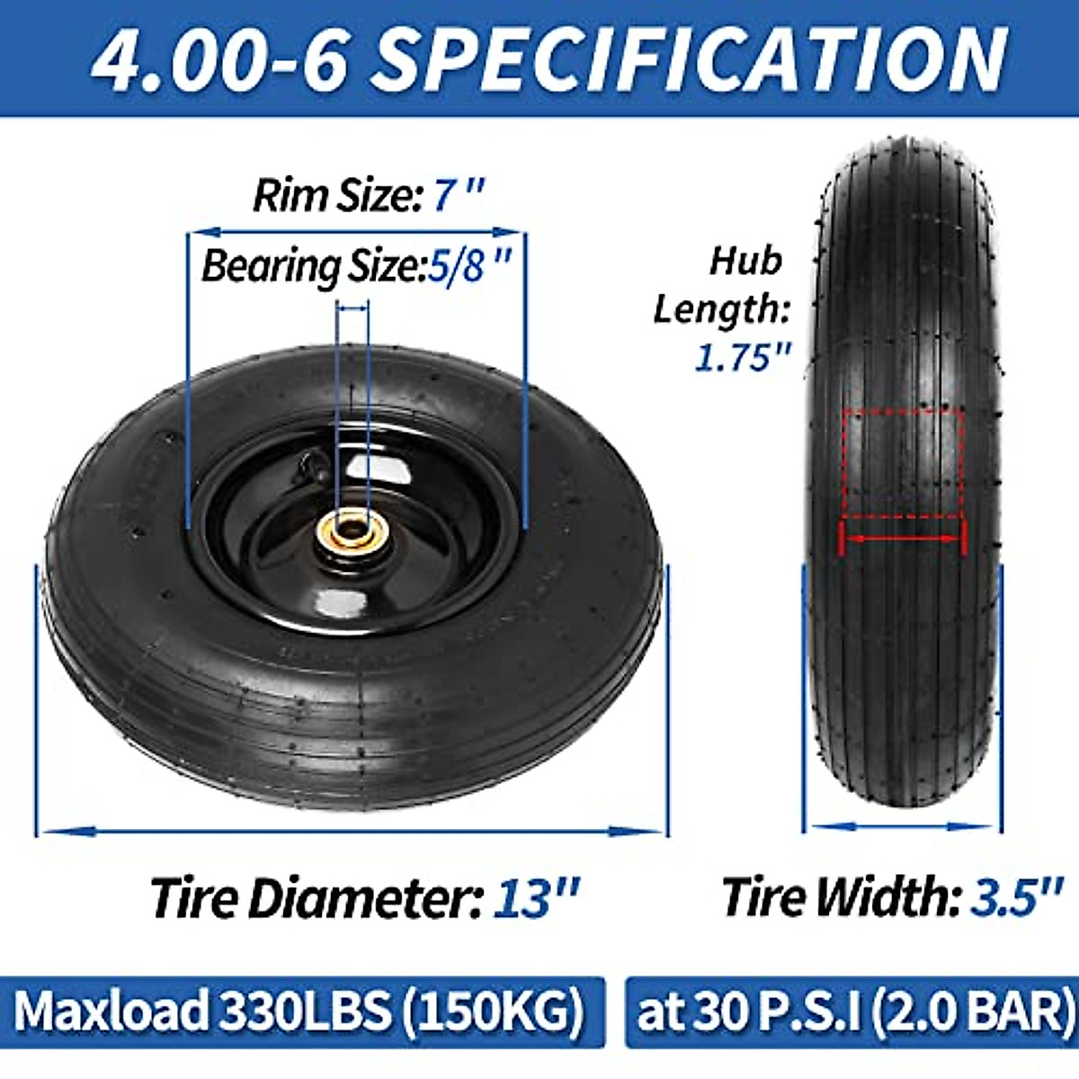 GICOOL 4.00-6 Tire and Wheel, 13" Wheelbarrow Pneumatic Tire, 5/8" & 3/4" Bearings, 1.75-6" Centered Hub,Sealed Bearings for Wheelbarrows Trolley Dolly Garden Wagon Gorilla Cart Wheel Replacement