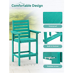 Homenjoy Tall Adirondack Chair Set of 2, HDPE Weather Resistant Patio Bar Stools, Heavy Duty Bar Height Adirondack Chairs with Footrest, 26 inch High Balcony Chair for Deck Pool, Blue Turquoise