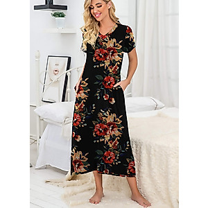 PrinStory Womens Long Nightgown Short Sleeve Nightshirt V-Neck Soft Loungewear Casual Sleepwear With Pockets FP-Brown Black-Large
