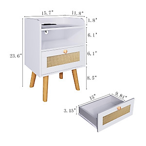 Gyger Nightstand Set of 2，Wood Nightstand with Charging Station，Bed Side Table with Rattan Decor Drawer，Small Night Table with Storage for Bedroom,White