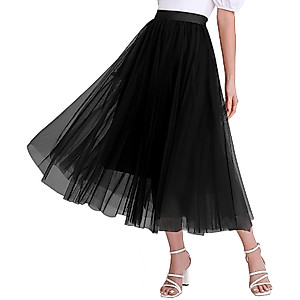 Women’s Tulle Skirts Midi Elastic High Waist Pleated Mesh Flowy A-Line Party Long Tutu Skirt