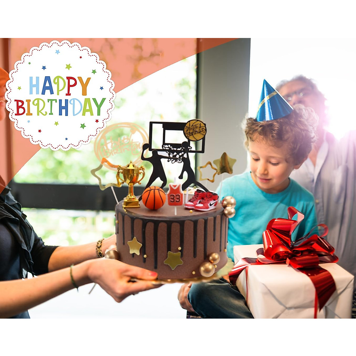 Vitalili Basketball Cake Topper, 34 Pcs 5.5'' Plastic & Paper Decorations, for Kids Boys Birthday Party Supplies, Realistic Design, Convenient Use, Fits for Cakes, Cupcakes, Home Party & More