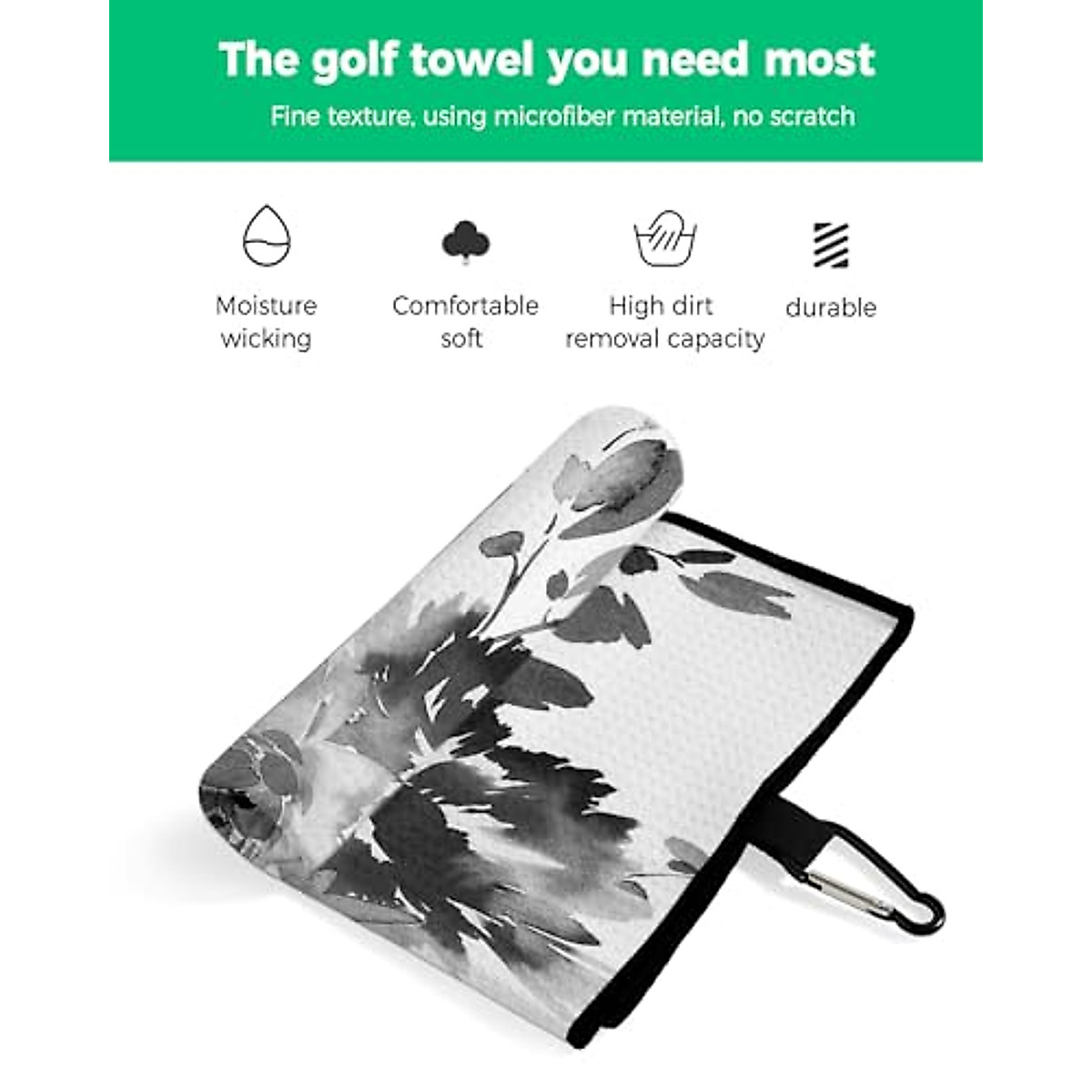 Golf Towel Black Grey Gradient Watercolor Floral White,Waffle Pattern Microfiber Club Cleaner Golf Towels with Carabiner Clip for Women Men Dad,Flower Ink and Wash Golf Towel for Golf Bags,24x16in