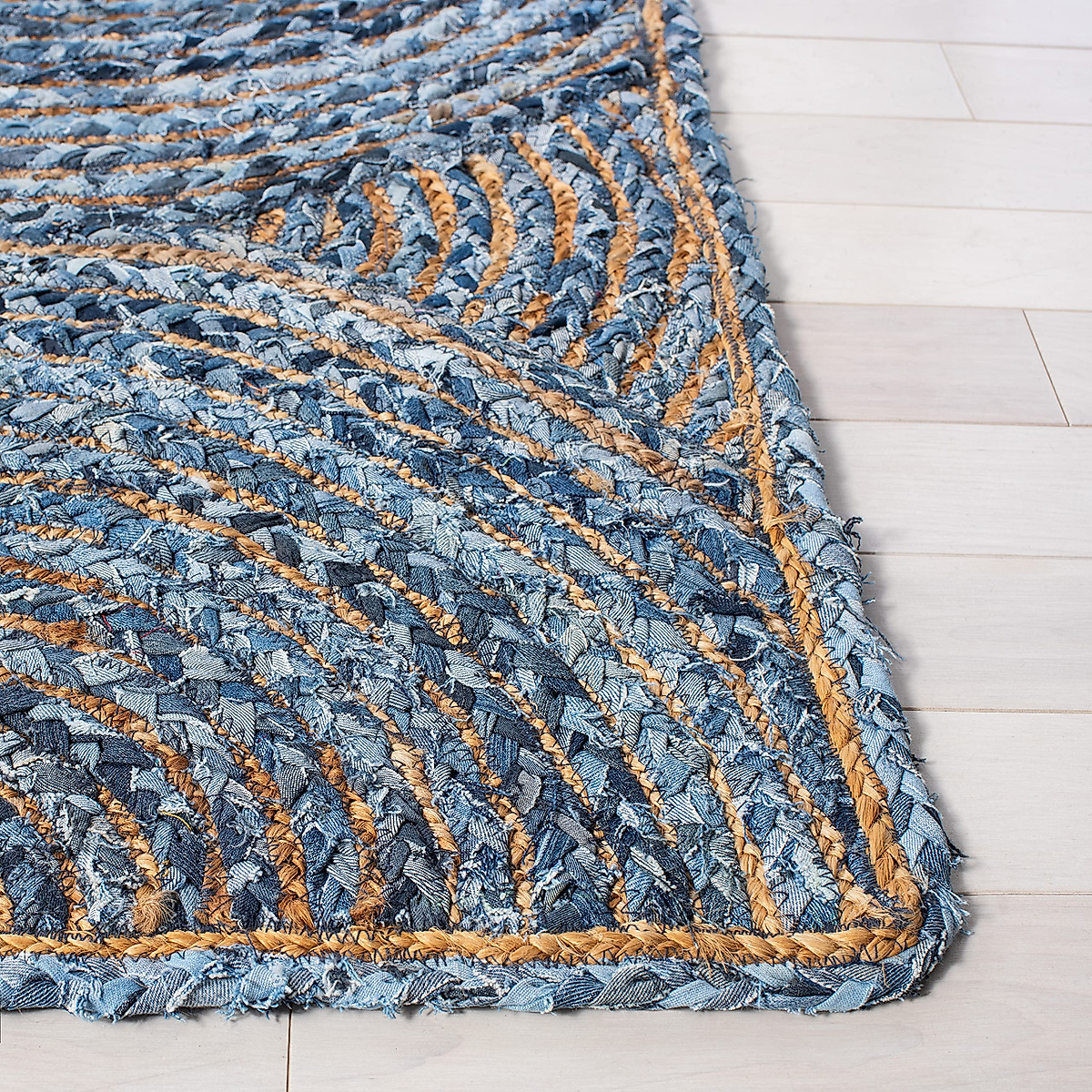 SAFAVIEH Cape Cod Collection 4' x 6' Blue/Natural CAP203M Handmade Boho Braided Circles Jute & Cotton Entryway Living Room Foyer Bedroom Accent Rug