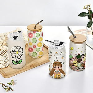 Laosh 8Pcs 16oz Frosted Sublimation Glass Blanks with Bamboo Lid and Plastic Lid, Sublimation Glass Cups Jar Tumbler Beer Can with Double Lid and Straw For Iced Coffee Juice Soda Drinks Beer