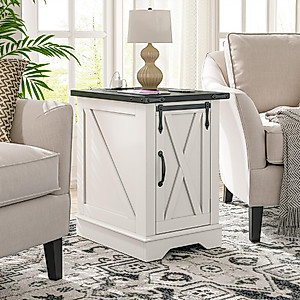 EnHomee Nightstand Set of 2,Nightstand with Charging Station,Farmhouse End Tables with Barn Door & Adjustable Storage Shelf,Nightstand Sets Sofa Side Table for Bedroom,Drawing Room,Antique White