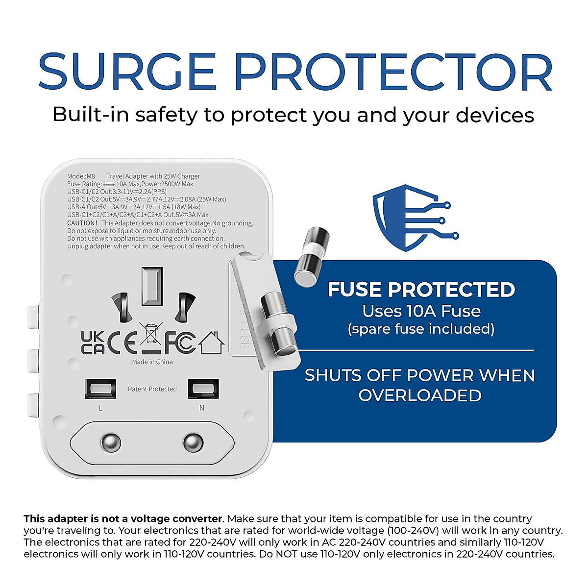OREI 25Watt Universal Travel Adapter | 2 (USB C) 1 (USB A) 4-in-1 Universal Power Adapter | | Type C, A, G, I Compatible | Universal Chargers for All Devices compatible 150+ Countries