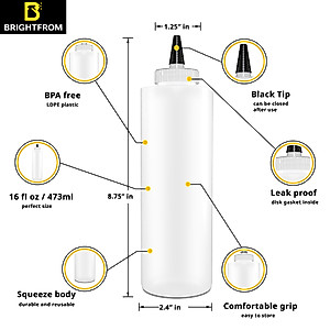 BRIGHTFROM Condiment Squeeze Bottles 16 OZ Wide Neck, Empty Squirt Bottles - Removable Top-Cap, Leak Proof for Ketchup, Mustard, Syrup, Sauces, Dressing, Oil, Arts & Crafts, BPA FREE Plastic - 2 PACK