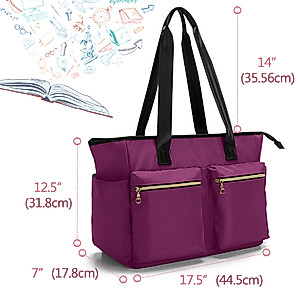 Damero Teacher Tote Bag, Teacher Utility Tote Bag with Zip Top and Padded Sleeve for up to 15.6’’ Laptop for Work, Office, Business, Purple(Upgraded)